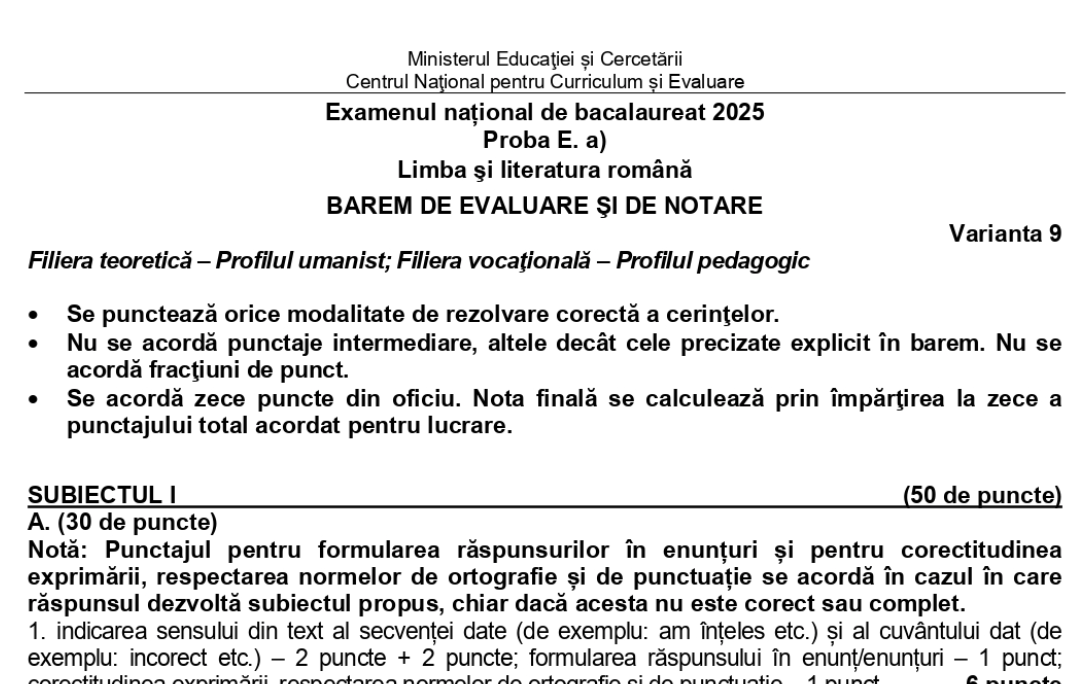 Bareme și subiecte BAC 2025 – Limba română, sesiunea de toamnă (eseu ...